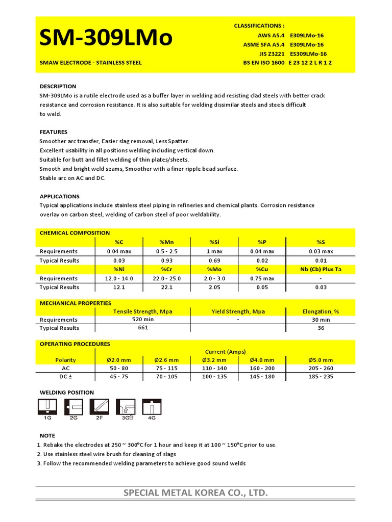 Sm-309Lmo: Special Metal Korea Co., LTD | PDF | Stainless Steel | Welding