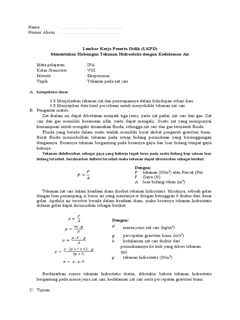 LKPD Tekanan Hidrostatis | PDF
