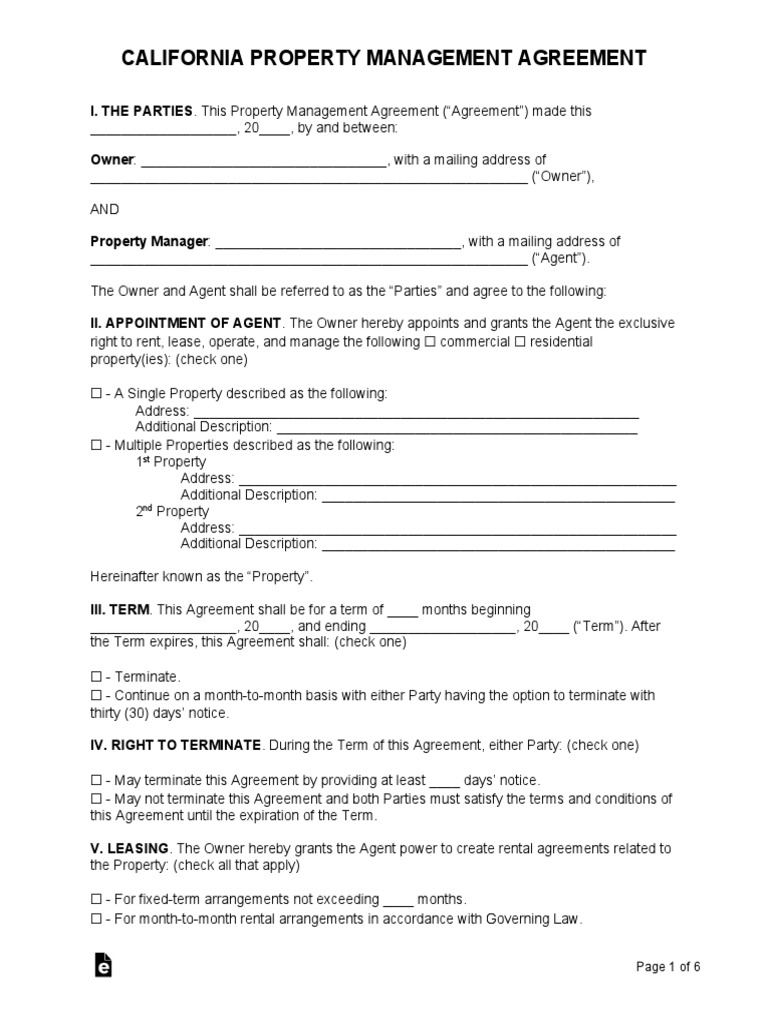 California Property Management Agreement: Page 1 of 6 | PDF | Lease ...
