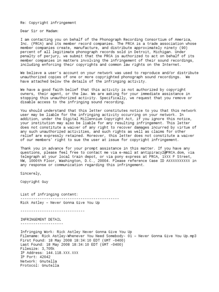 Sample Letter | PDF | Copyright Infringement | Copyright