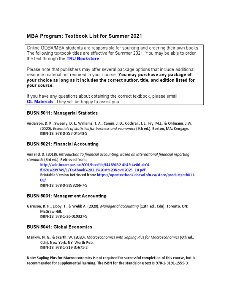 MBA Program: Textbook List For Summer 2021: TRU Bookstore | PDF ...