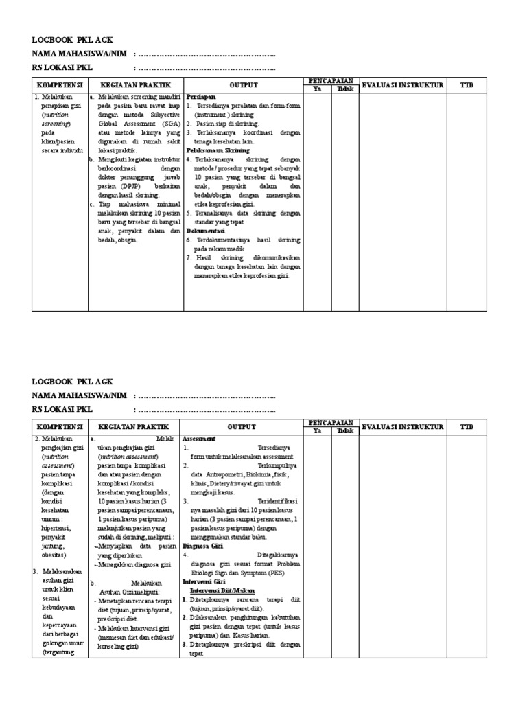 Logbook PKL Gizi di AGK | PDF