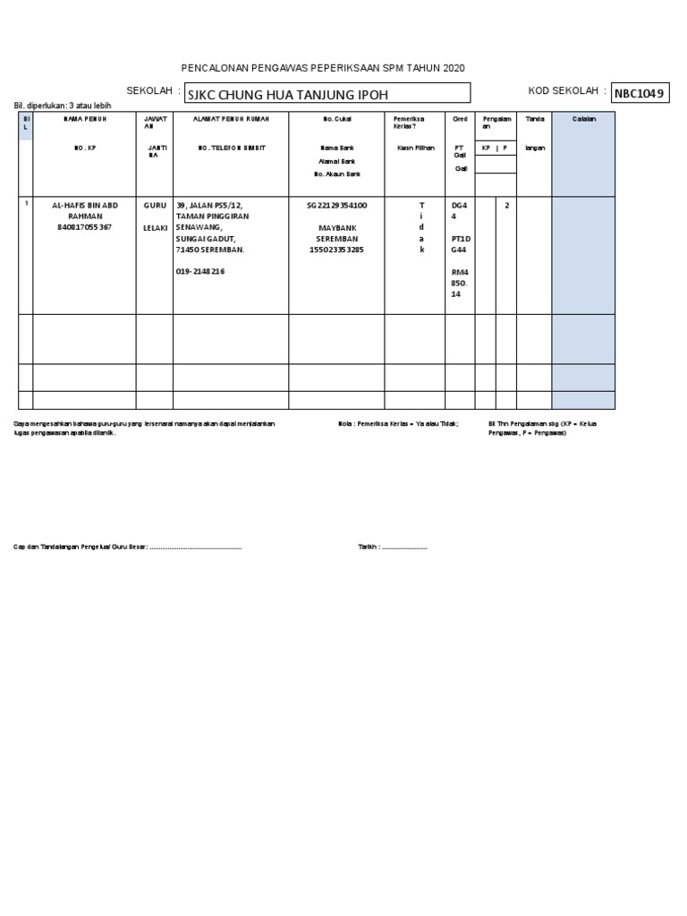 Borang Pencalonan Pengawas SPM 2020 | PDF