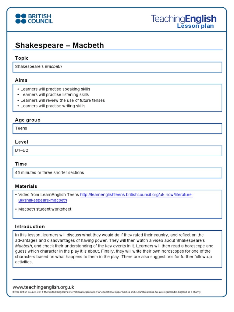 Shakespeare - Macbeth: Lesson Plan | PDF | Macbeth | Lesson Plan
