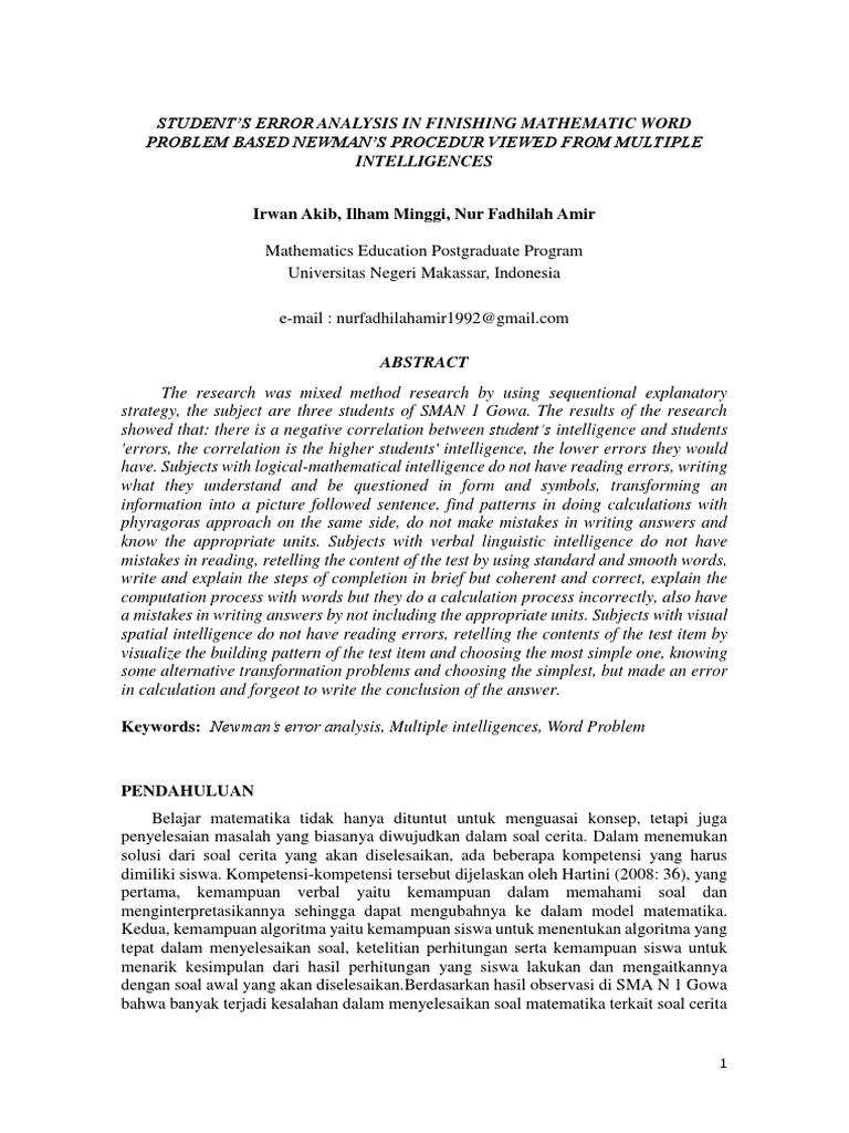 Student's Error Analysis in Finishing Mathematic Word Problem Based ...