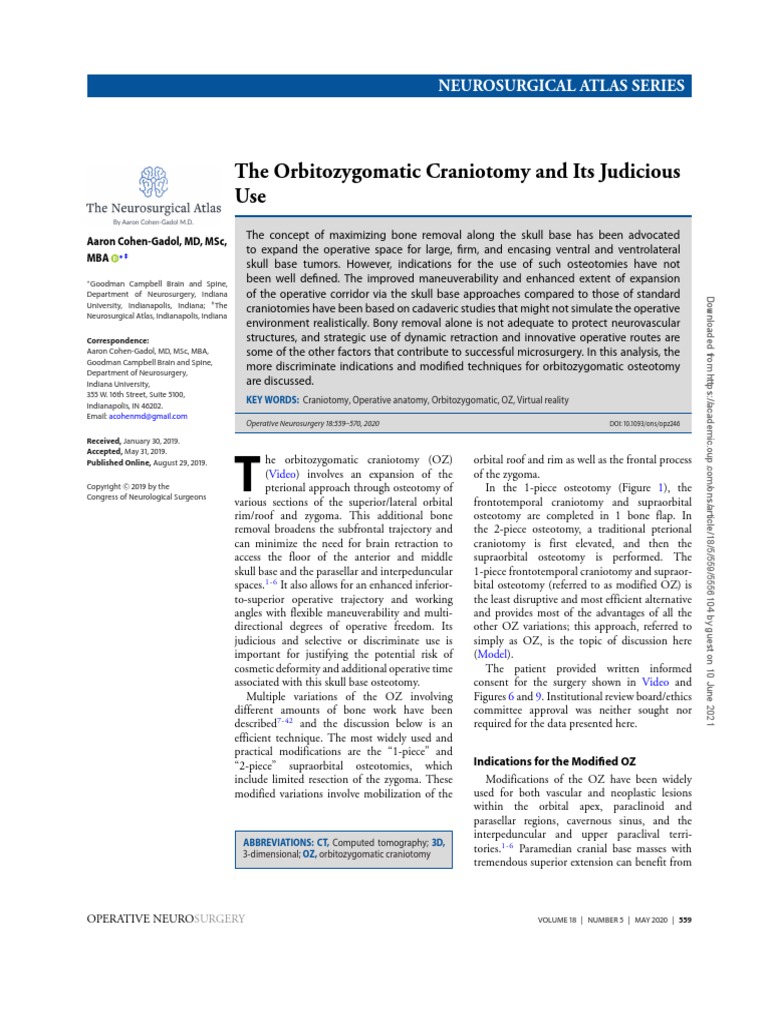 The Orbitozygomatic Craniotomy and Its Judicious Use: Neurosurgical ...