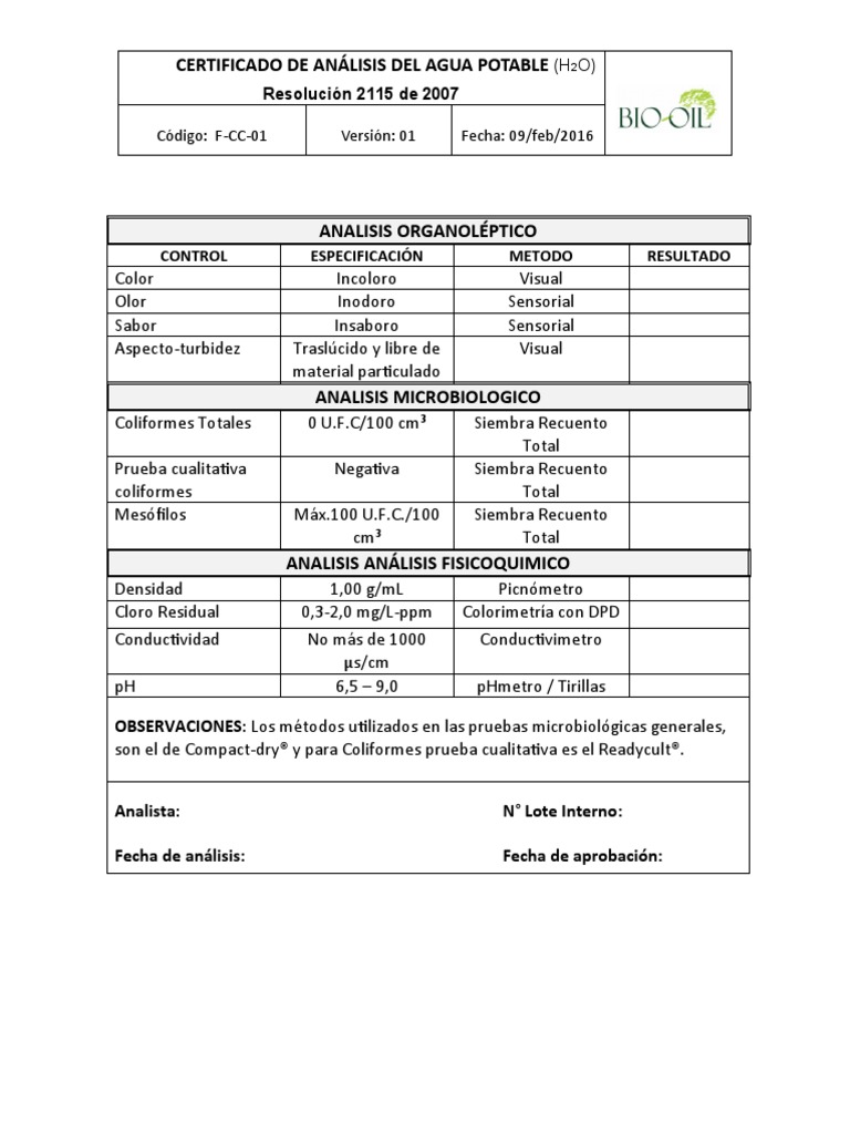 Formato_Certificado de análisis del agua potable | PDF
