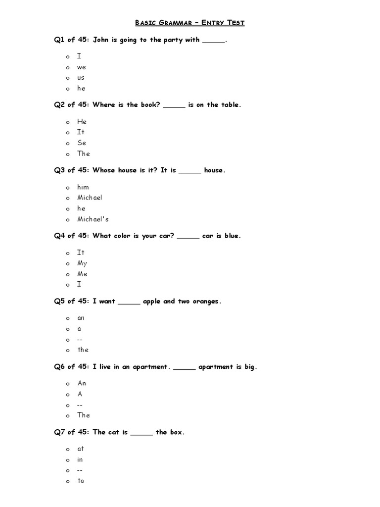 Basic Grammar - Entry Test | PDF