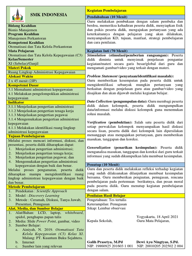 Contoh RPP 1 Lembar SMK OTKP | PDF