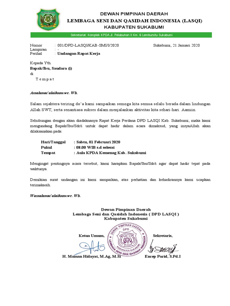Undangan Rapat Kerja DPD LASQI 2020 | PDF