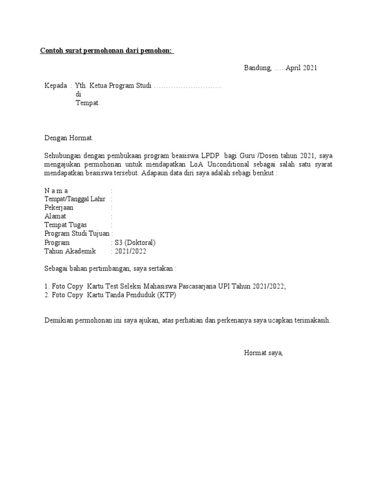 Contoh Surat Permohonan LoA Unconditional | PDF | Ilmu Sosial | Seni
