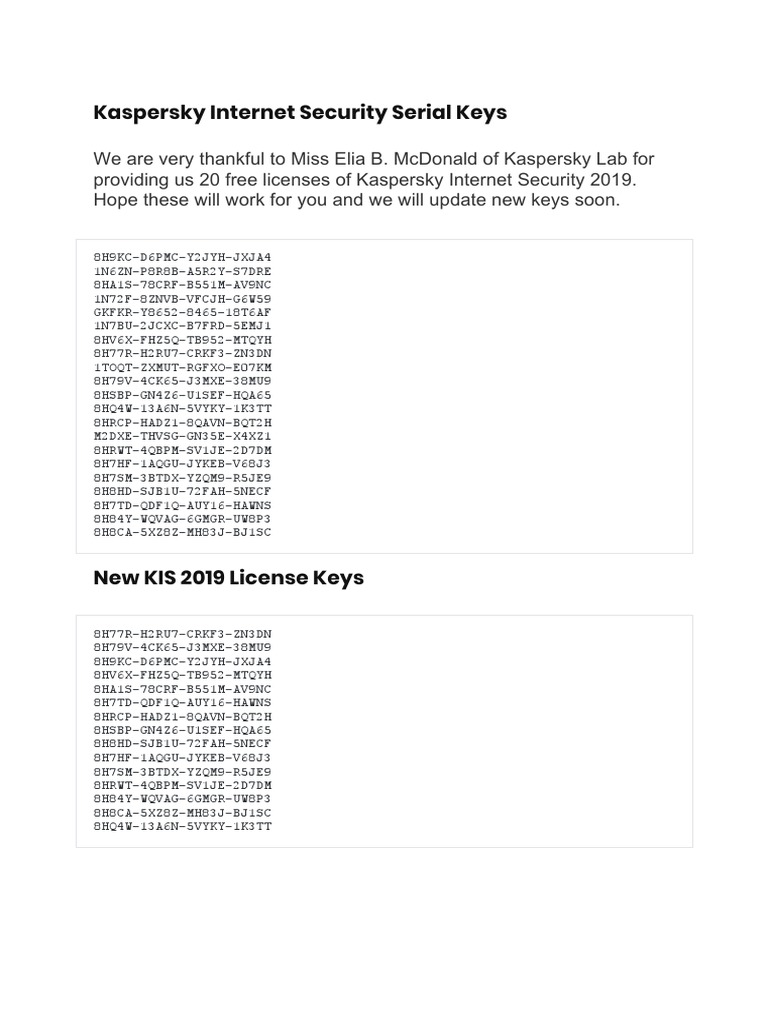 Kaspersky Internet Security Serial Keys | PDF