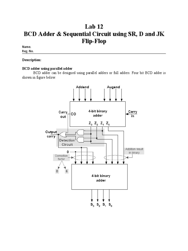 Lab 12 BCD Adder & Sequential Circuit Using SR, D and JK Flip-Flop | PDF | Electrical Circuits ...