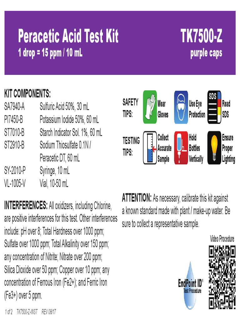 Peracetic Acid Test Kit TK7500-Z | PDF | Sodium Dodecyl Sulfate | Iron