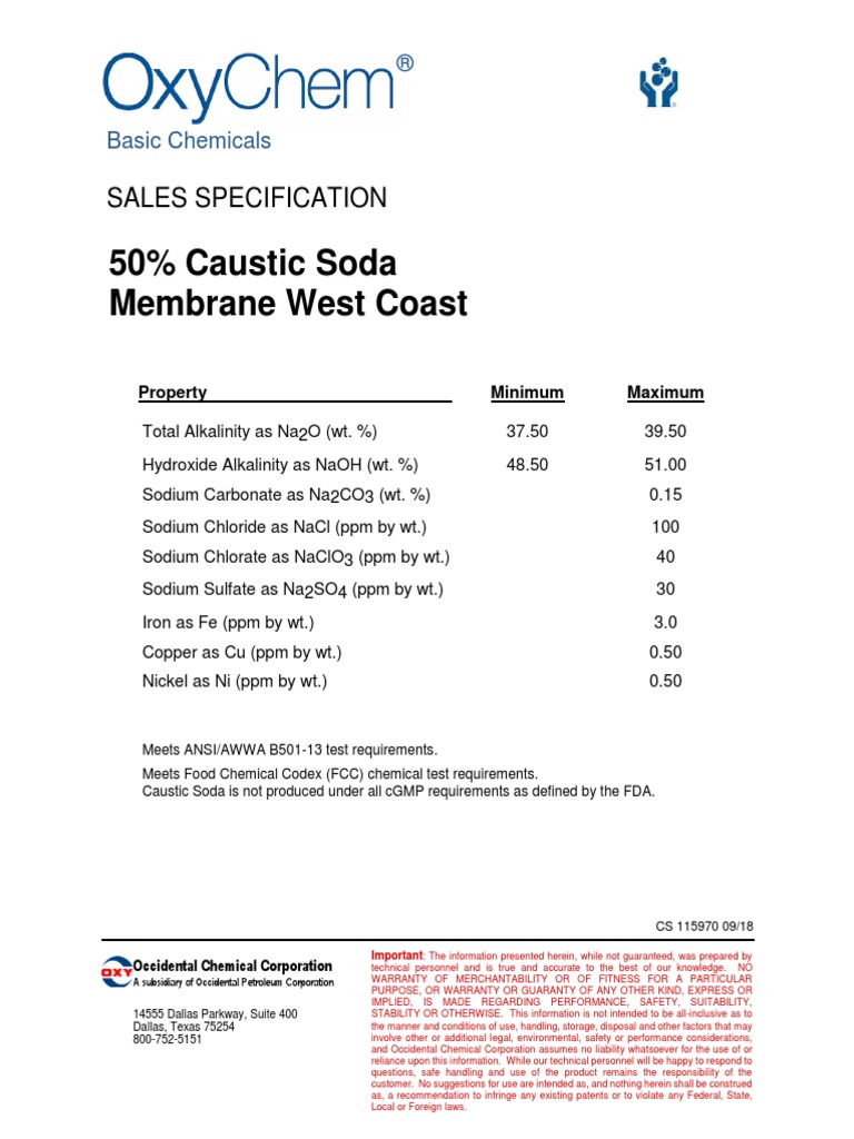 50% Caustic Soda Membrane West Coast: Sales Specification | PDF ...
