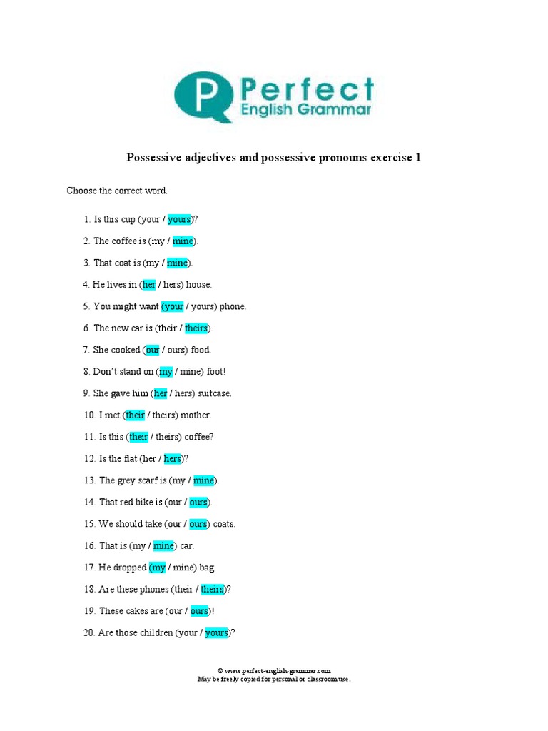 Possessive Adjectives and Possessive Pronouns Exercise 1 - ADT | PDF
