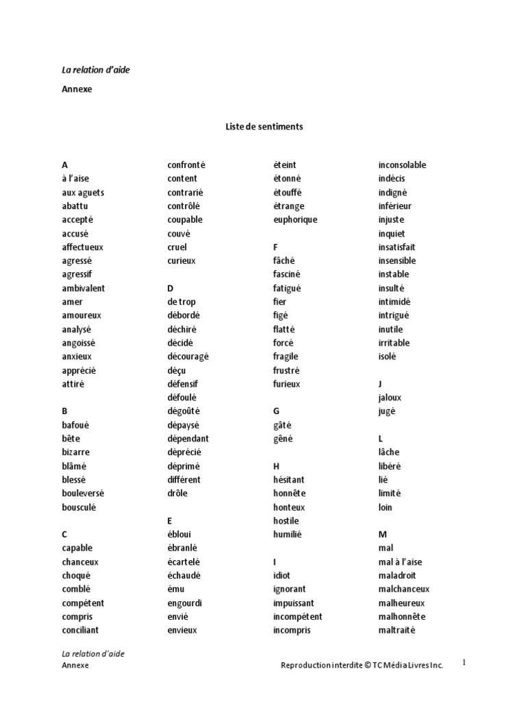 Liste-Sentiments 1561478538 | PDF | Romans | Psychologie