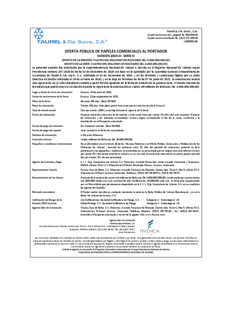 Aviso de Prensa Taurel & CIA Emisión 2019-III Serie III | PDF | Bolsa | Venezuela