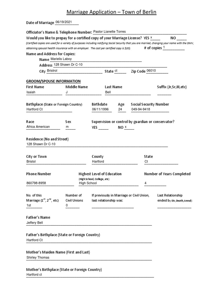 Marriage Application Form - Berlin CT | PDF | Marriage | Intimate ...
