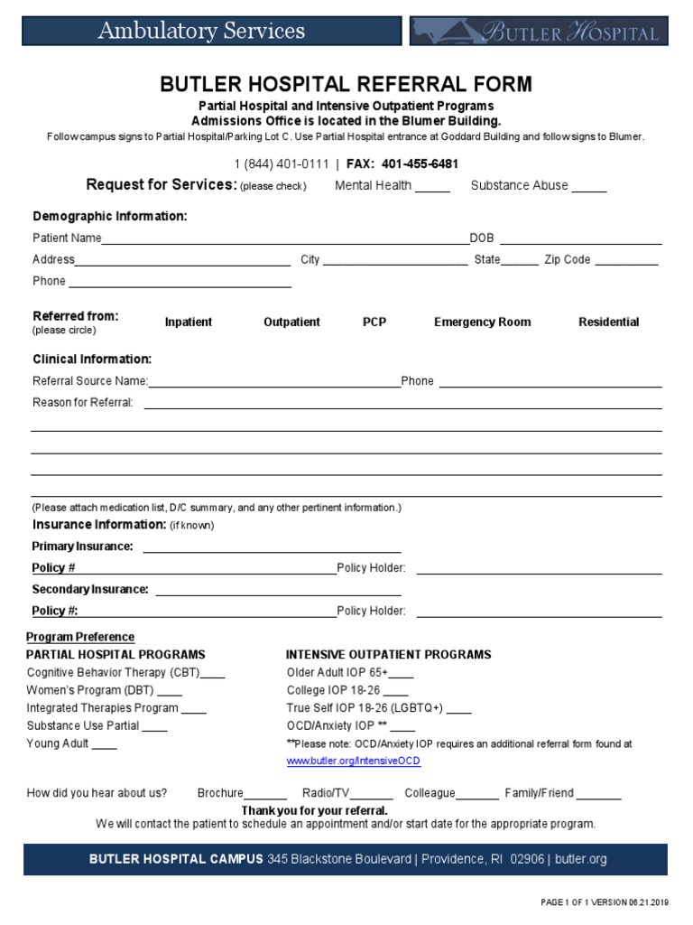 Butler Hospital Referral Form: Request For Services | Download Free PDF ...