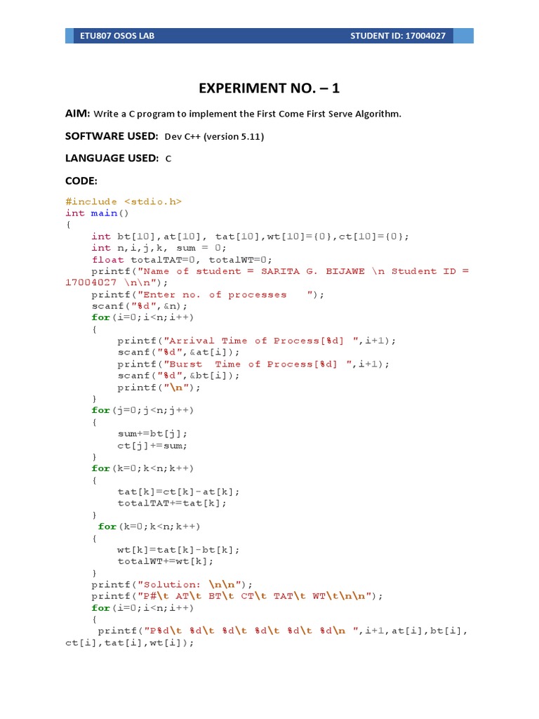 Experiment No. - 1: Aim: Software Used: Language Used: Code | PDF | Scheduling (Computing ...