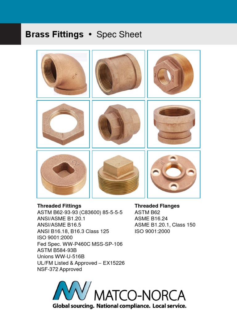 Brass Fittings Spec Sheet | PDF | Plumbing | Mechanical Engineering