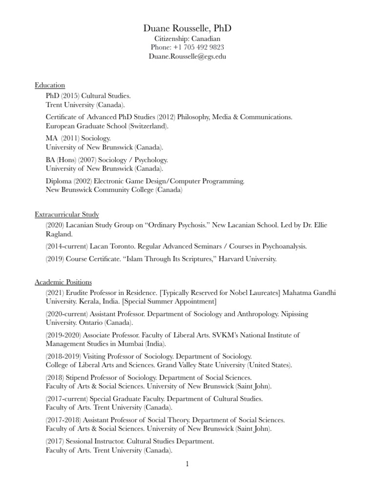 Duane Rousselle, PHD: Phone: +1 705 492 9823 | PDF | Jacques Lacan ...