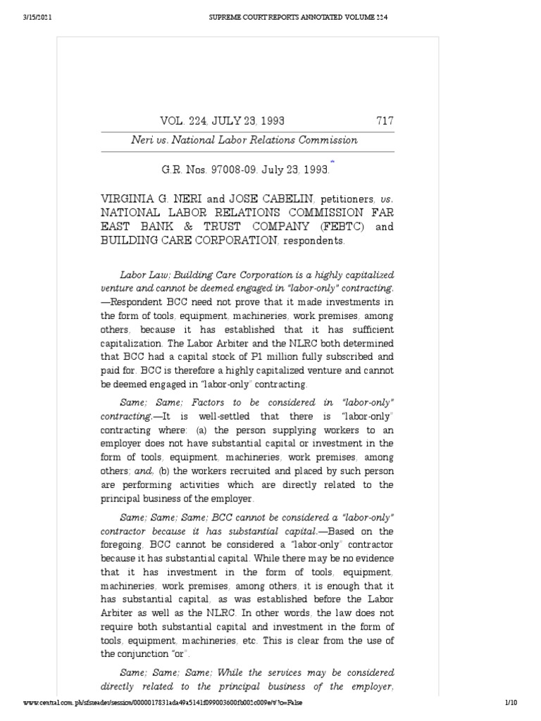 Neri vs. National Labor Relations Commission, 224 SCRA 717, G.R. Nos. 97008-09 July 23, 1993 ...