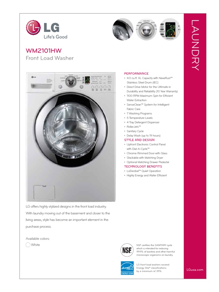 LG Spec Sheet Wm2101h | PDF | Washing Machine | Manufactured Goods