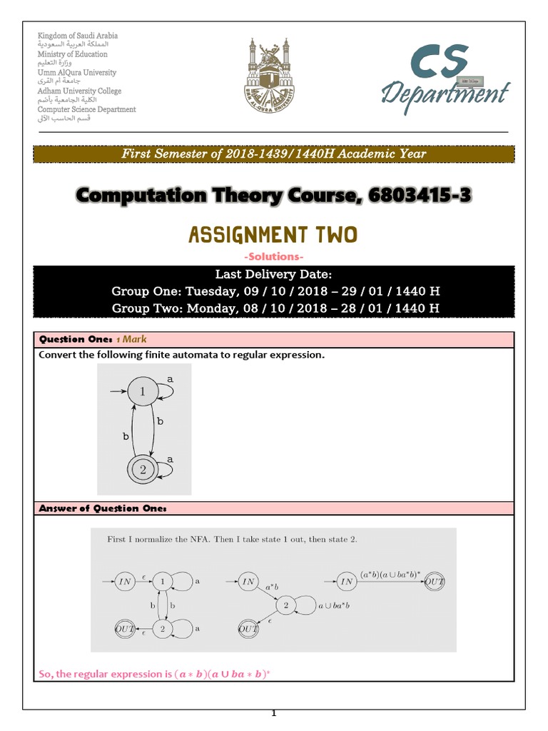 Assignment TWO: Computation Theory Course, 6803415-3 | PDF | Formal Methods | Models Of Computation