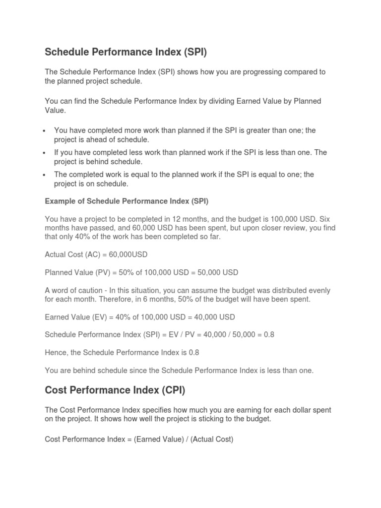 Example of Schedule Performance Index (SPI) | PDF | Business