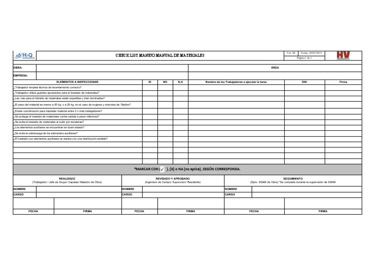 Check List Manejo Manual de Materiales Ver 00 | PDF | Science | Ingeniería