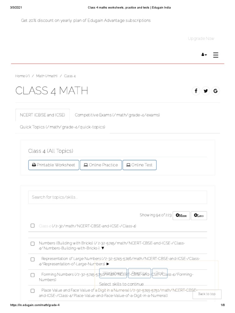 Class 4 Maths Worksheets, Practice and Tests - Edugain India | PDF ...