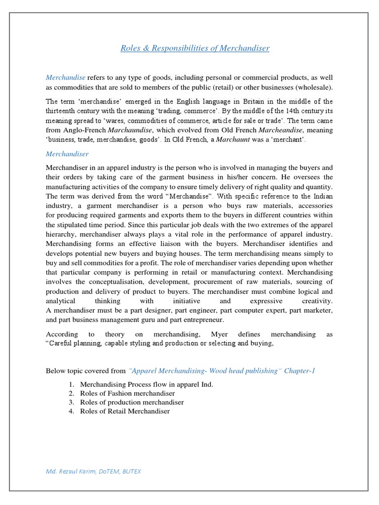 Merchandiser Roles and Responsibilities | PDF | Merchandising | Clothing