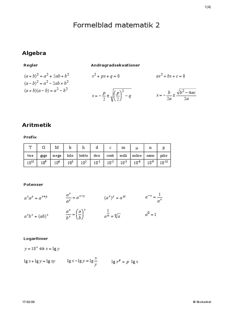 Formelblad Matematik 2 | PDF