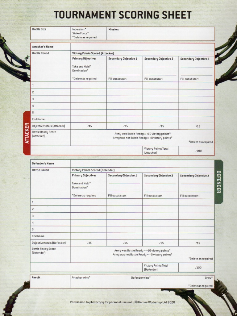 WH40k - 9th - Grand Tournament 2020 - Scoring Sheet | PDF