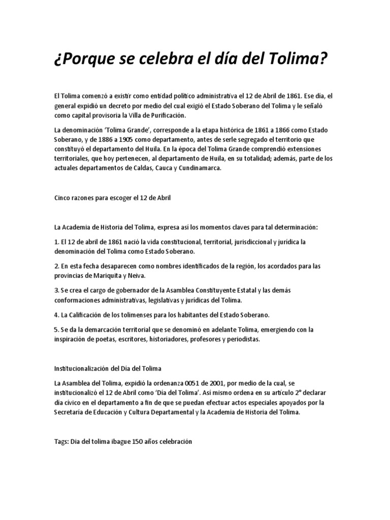 Celebración del Día del Tolima | PDF | Viajes y turismo | Religión y ...