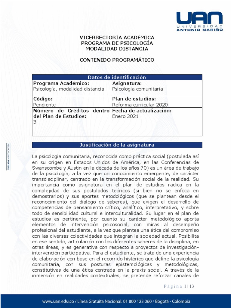 Ejemplo de Contenido Programatico Psicología Comunitaria | PDF | Plan de estudios | Sicología
