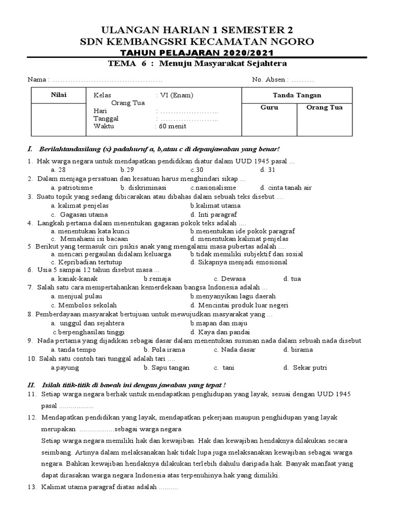 Soal UH Tema 6 Kls 6 | PDF