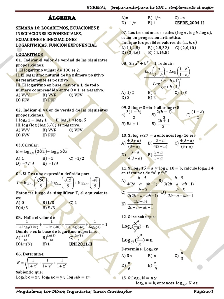 Algebra - 16 - Logaritmos-Ecuaciones e Inecuaciones Exponenciales | PDF | Logaritmo | Funciones ...