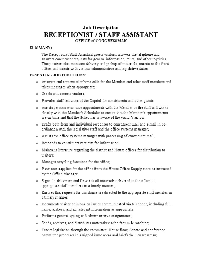 Receptionist / Staff Assistant: Job Description | Download Free PDF ...