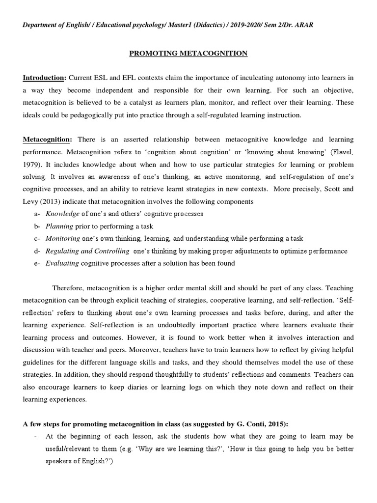Lesson 5 Promoting Metacognition | PDF | Metacognition | Education Theory