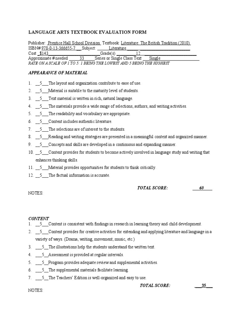 British Literature Textbook Evaluation | PDF | Human Communication ...