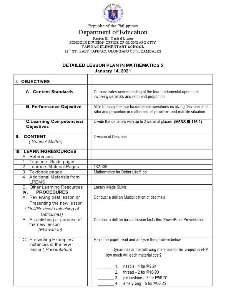 Department of Education: Detailed Lesson Plan in Mathematics 5 January ...