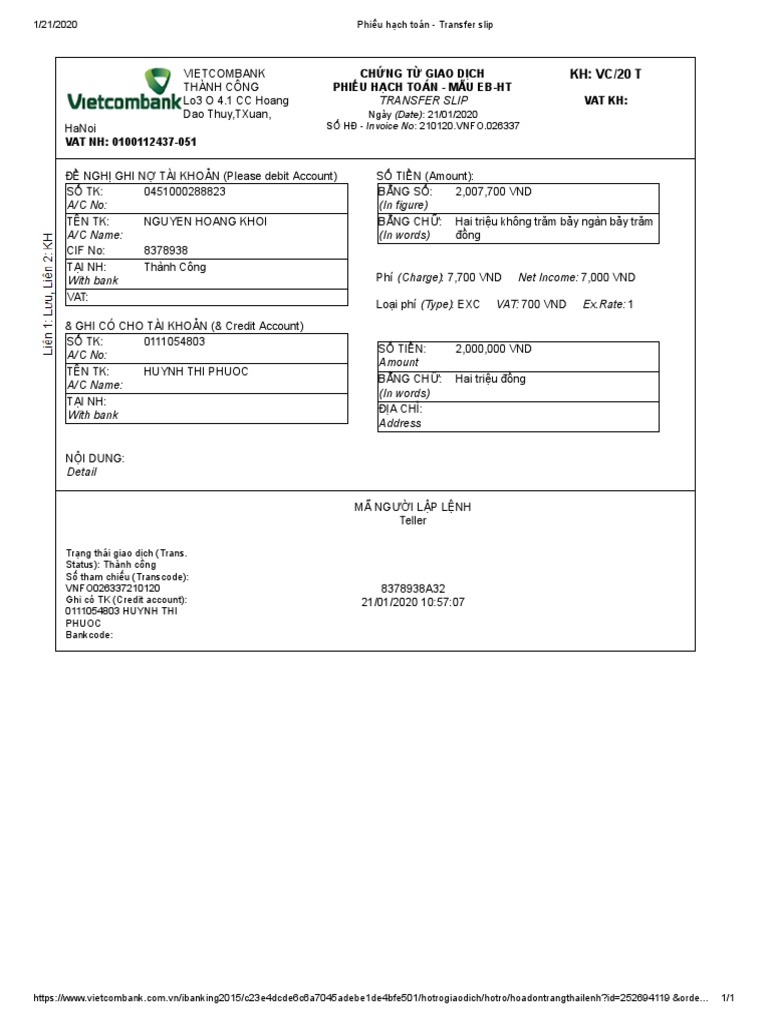 Phiếu Hạch Toán Transfer Slip | PDF