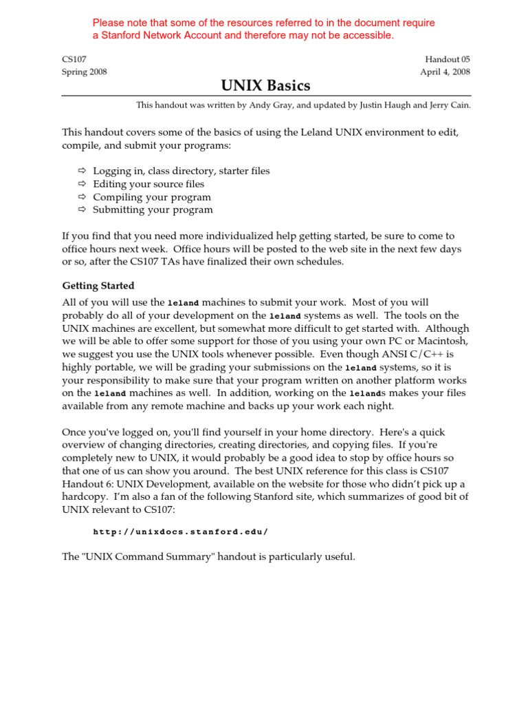 A Guide To Using Unix Basics For Cs107 Assignments Logging In Editing Files Compiling