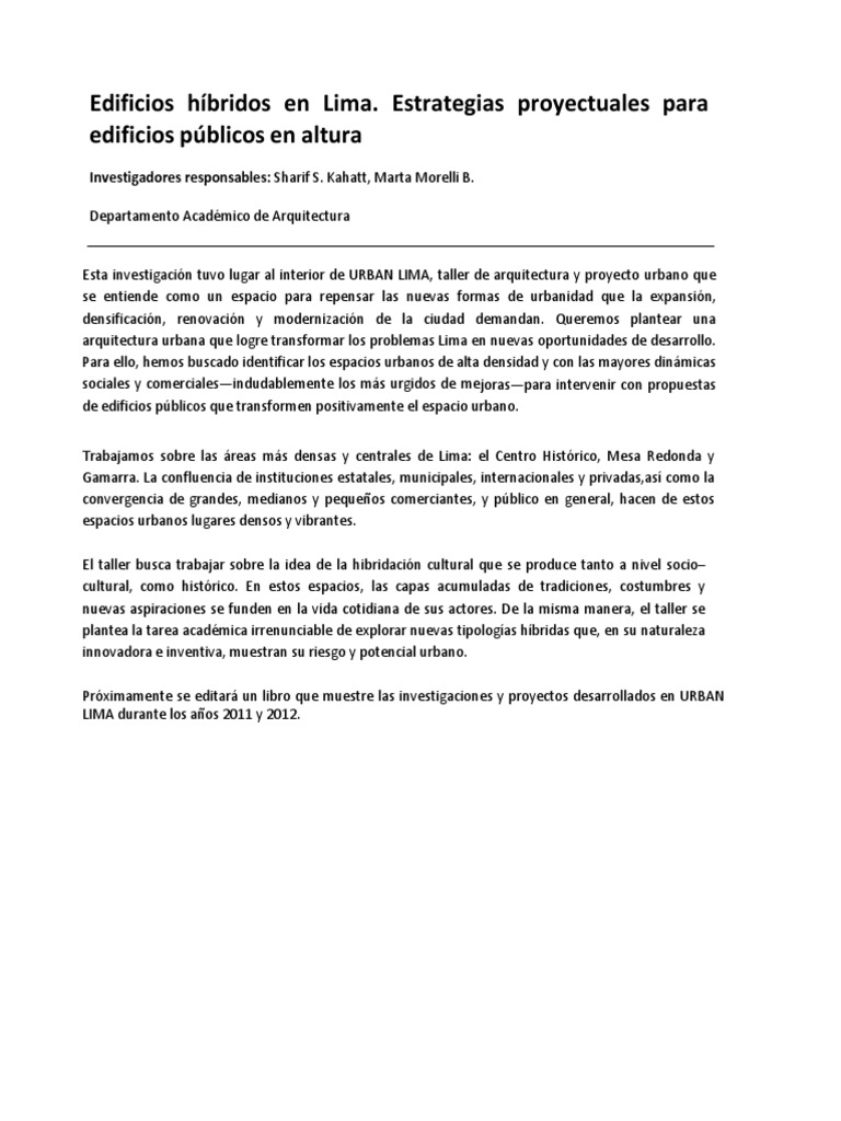 Edificios Híbridos en Lima. Estrategias Proyectuales para Edificios Públicos en Altura | PDF