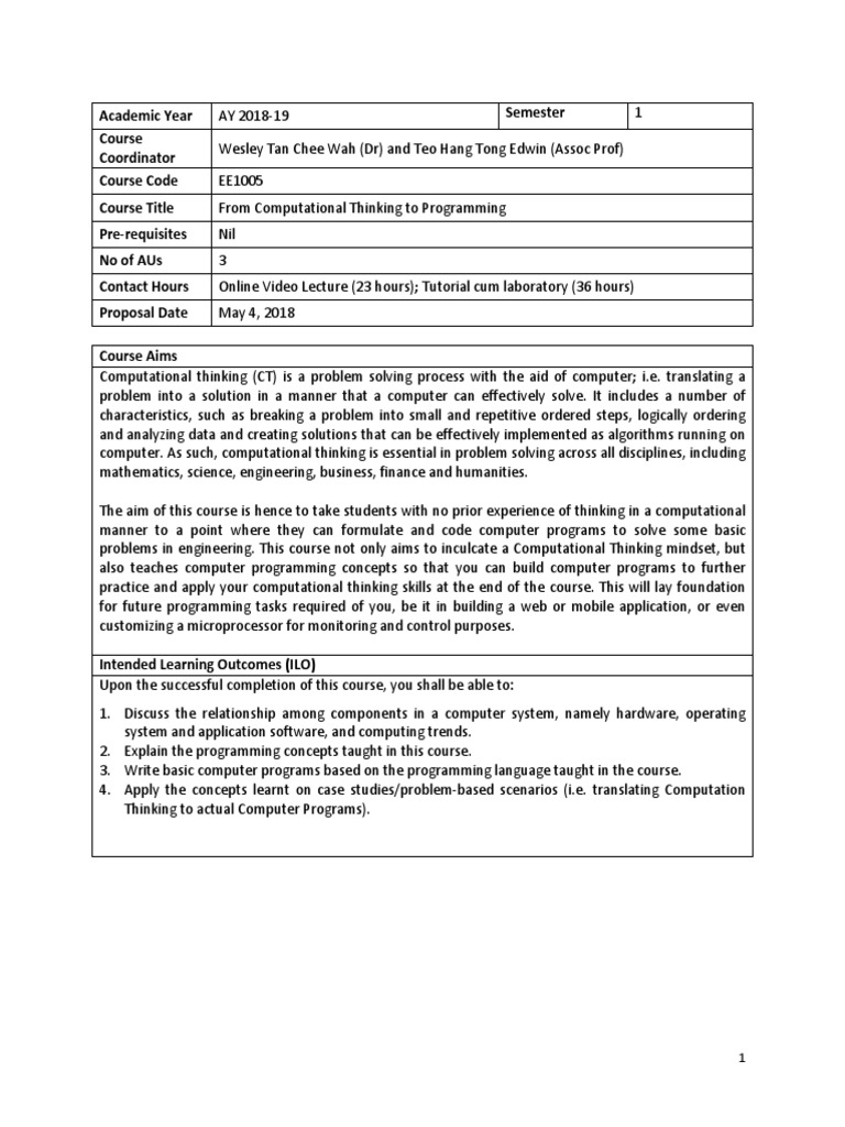 EE1005 From Computational Thinking To Programming - OBTL | PDF | Academic Integrity | Academic ...