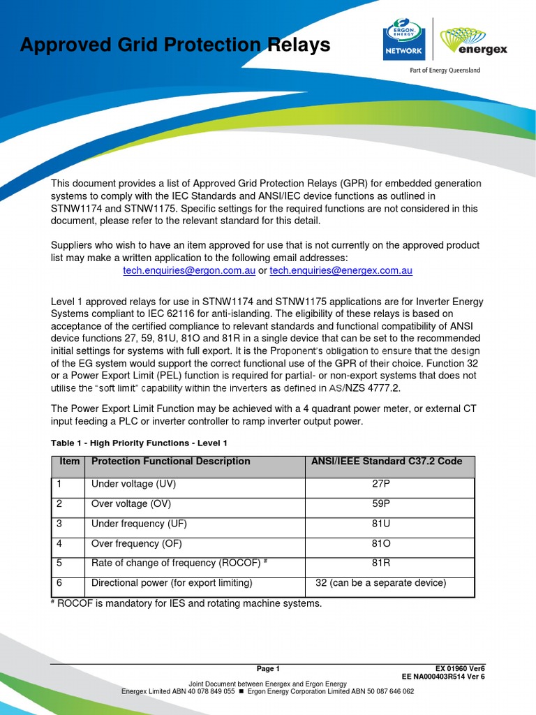 Approved Grid Protection Relays: Item Protection Functional Description ...