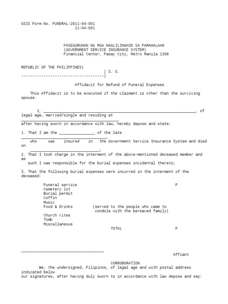 Affidavit For Claiming Funeral Benefit | PDF | Affidavit | Burial